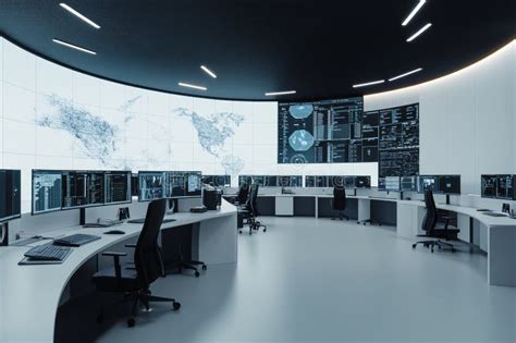 Modern Security System Control Room Workstation With Multiple Displays Monitoring Room Within