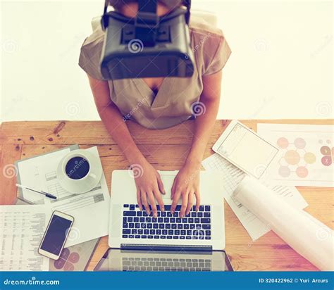 Woman Laptop And Typing In Office With Virtual Reality Tech For Ui Design And Futuristic