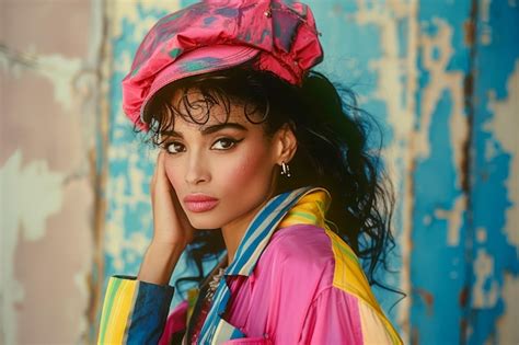 Stylish Young Woman Posing In Vibrant Retro Outfit With Pink Cap