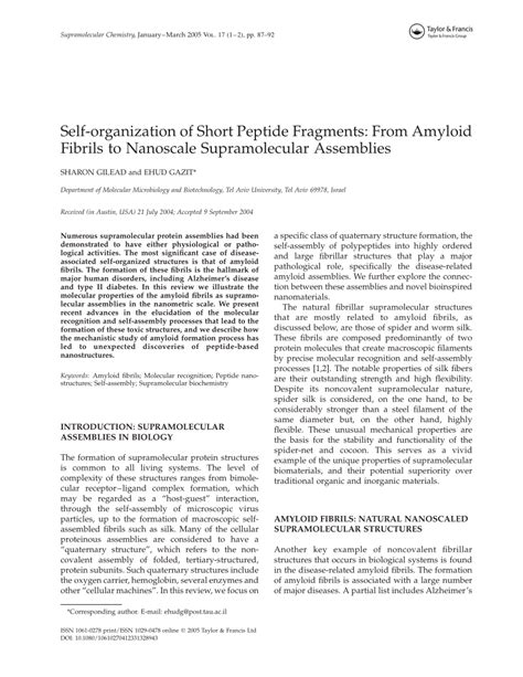 Pdf Self Organization Of Short Peptide Fragments From Amyloid