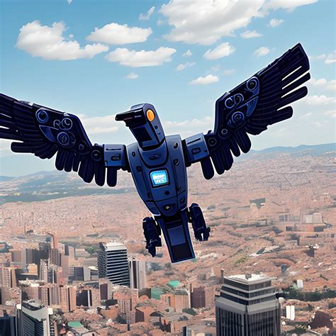 A Robot Condor Flying Over A City Arthubai