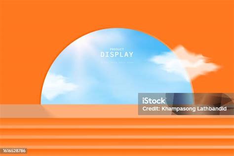 사실적인 주황색 받침대 연단 계단 사다리와 구름 푸른 하늘 반원 문 모양의 태양이 있는 추상적인 3d 배경 3d 벡터 기하학적 플랫폼 디자인 쇼 제품 화장품을 위한 무대 0