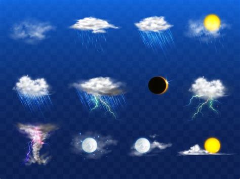 Realistic Weather Icons On Transparent Royalty Free Vector