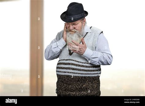 Senior Bearded Man Wearing Black Hat Looking Thoughtful Anxied Old Man