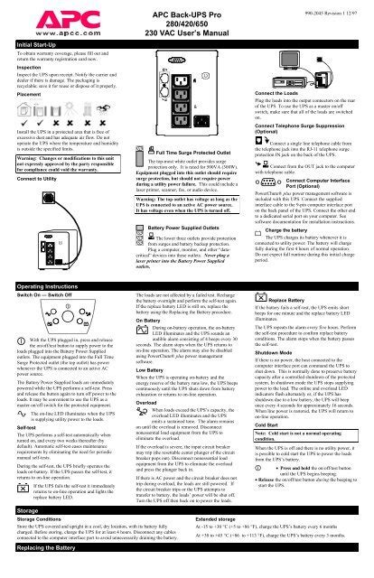 APC Back UPS Pro 280 420 650 230 VAC User S Manual APC Media