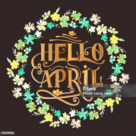 손으로 스케치 안녕하세요 4 월 진저 브레드 스타일에 텍스트 봄 또는 부활절 엽서 카드 초대장 전단 배너 서식 파일 꽃 화 환과 타이 포 그래피 레터링 4월에 대한 스톡