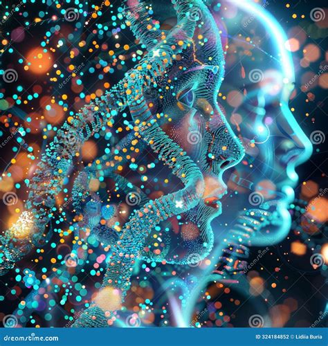 Ai And Neural Networks Digital Faces And Glowing Particles Generative Ai Stock Illustration