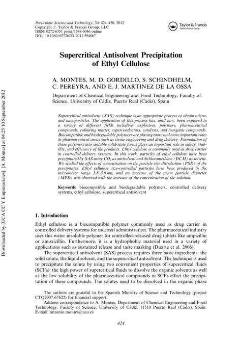 Pdf Supercritical Antisolvent Precipitation Of Ethyl Cellulose