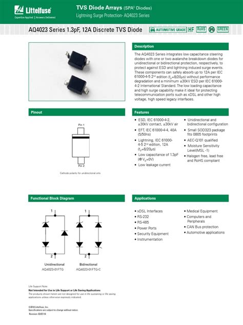 Littelfuse Tvs Diode Array Aq4023 Datasheet Pdf 1372459 Pdf Diode Capacitor
