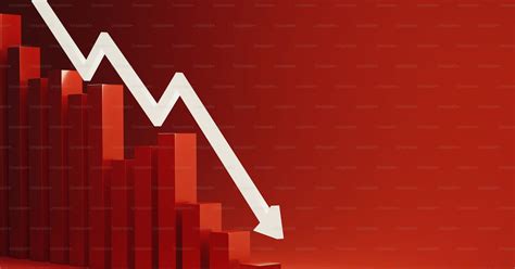 빨간색 배경에 감소 막대 그래프와 함께 아래를 가리키는 흰색 화살표는 투자 침체 금융 위기 인플레이션의 하향 추세입니다 3d 렌더링 일러스트레이션 사진