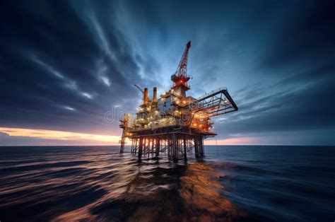 Beautiful Sunset Evening Sky Over The Oil Platform Lost In The