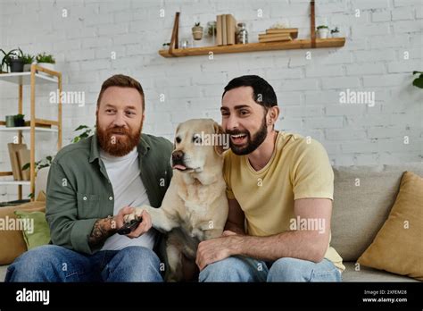 Bearded Gay Couple Enjoying Quality Time With Their Furry Friend A