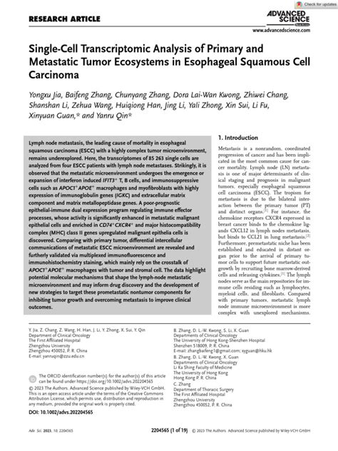 Advanced Science 2023 Jia Single Cell Transcriptomic Analysis Of