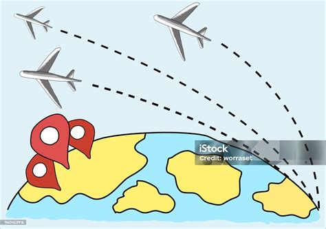 비행기와 대상 추상 손 그리기 벡터 스케치 낙서 절반 세계 핀 여행 컨셉 일러스트 레이 션 갈색에 대한 스톡 벡터 아트 및 기타 이미지 Istock