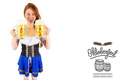 Premium Photo Oktoberfest Girl Holding Jugs Of Beer Against
