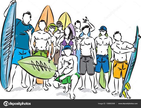 Group Of Surfers Vector Illustration — Stock Vector © Moniqcca 158863098