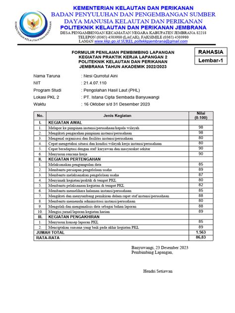 Formulir Penilaian Pembimbing Eksternal And Supervisi Nesi Qurrotul Aini