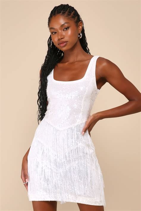 White Sequin Dress Fringe Bodycon Dress Sequin Mini Dress Lulus