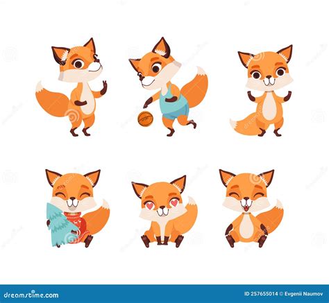 Cute Fox Cub In Different Everyday Activities Set Cartoon Vector