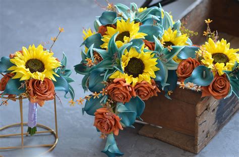 Artificial Yellow Sunflowers Teal Bridal Bouquet Burnt Orange Roses