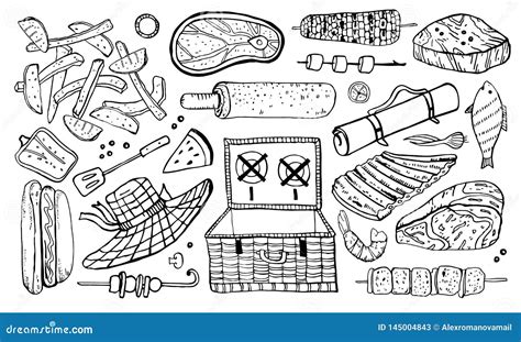 野餐和烧烤物品 轮廓手绘矢量图草绘图 向量例证 插画 包括有 设置 理发店 容器 土豆 线路 145004843