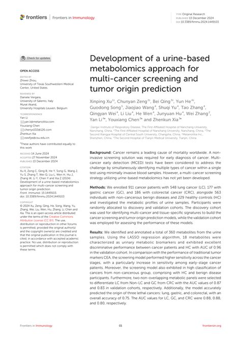Pdf Development Of A Urine Based Metabolomics Approach For Multi Cancer Screening And Tumor