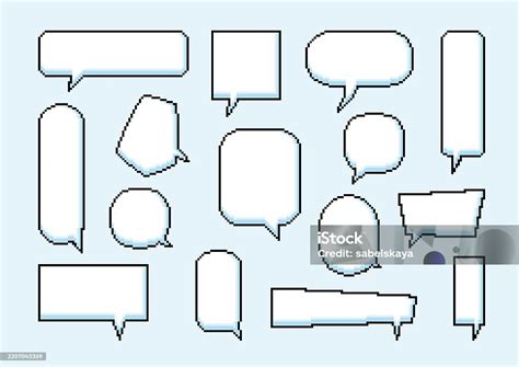 픽셀 말풍선 다양한 모양 벡터 세트 채팅 메시지 또는 대화 8 비트 비어 있음 픽셀화 된 음성 구름 검은 색 프레임 대화 풍선 문자 기호에 대한 스톡 벡터 아트 및 기타