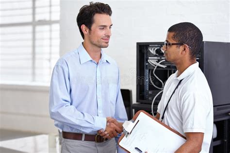 Server Room It Support And Clipboard With A Technician Shaking Hands