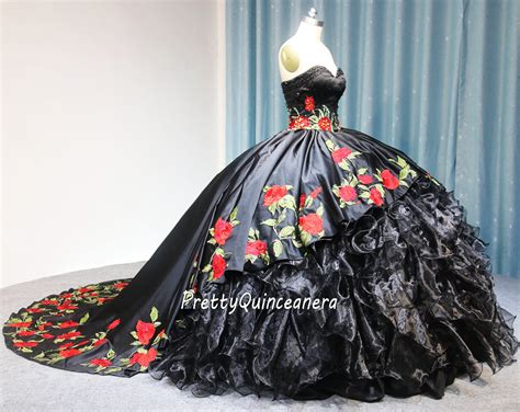 Black And Red Mexican Charro Rose Flower Golden Buttons Ruffled
