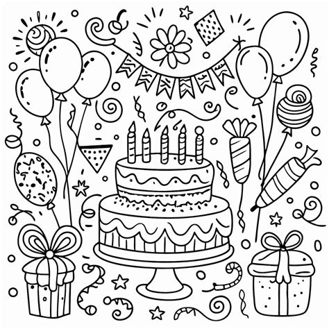 Handdrawn Birthday Cake Balloons Presents And Confetti Premium Ai