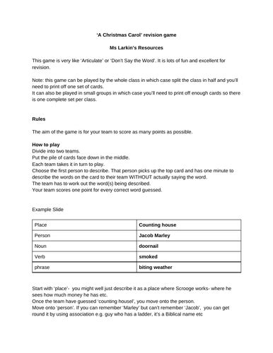 A Christmas Carol Revision Game Teaching Resources