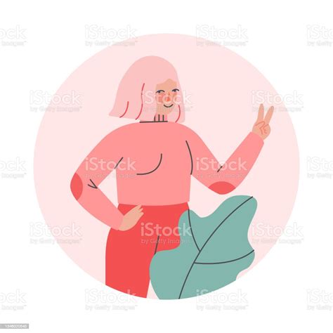 사진 벡터 일러스트레이션을 위해 포즈를 취하는 긍정적 인 손 짓을하는 젊은 미소 짓는 여성 긍정적인 감정 표현에 대한 스톡 벡터