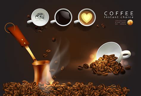 커피 광고 디자인 커피 원두 커피 한 잔 및 커피 포트 3d 벡터 높은 상세한 사실적인 그림 물이 튀는에 대한 스톡 벡터 아트