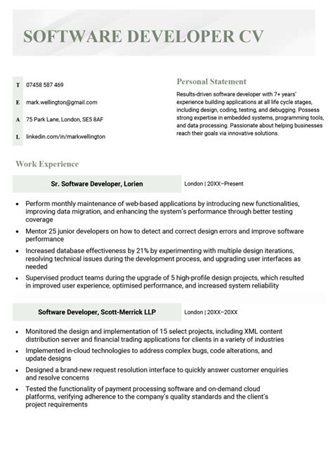 Software Developer CV Example Template Free Download Software Developer CV Example Template Free Download