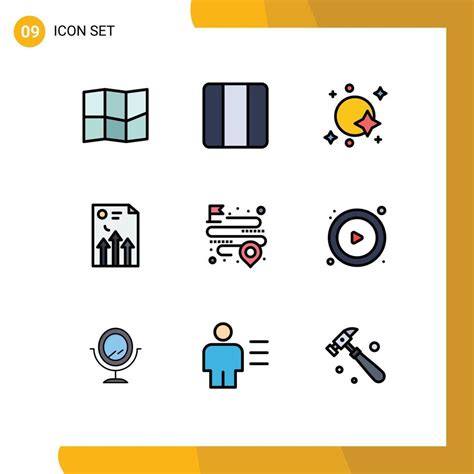 Group Of 9 Modern Filledline Flat Colors Set For Location Report Satellite Graph Business