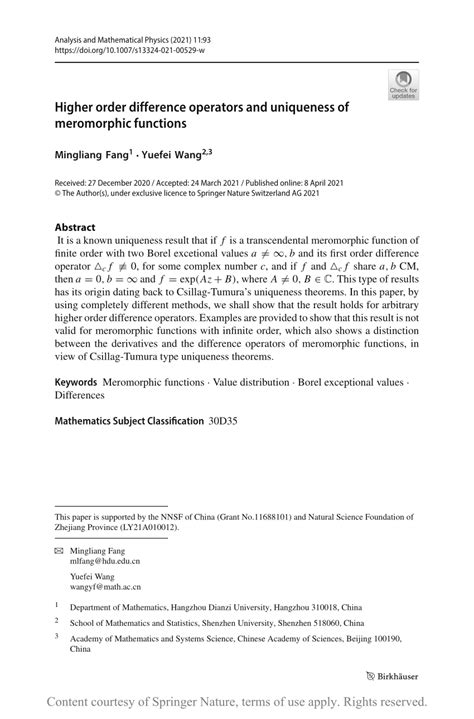 Higher Order Difference Operators And Uniqueness Of Meromorphic Functions Request Pdf