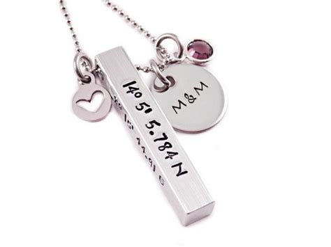Personalized Gps Coordinates Necklace Hand Stamped Almuinum Bar