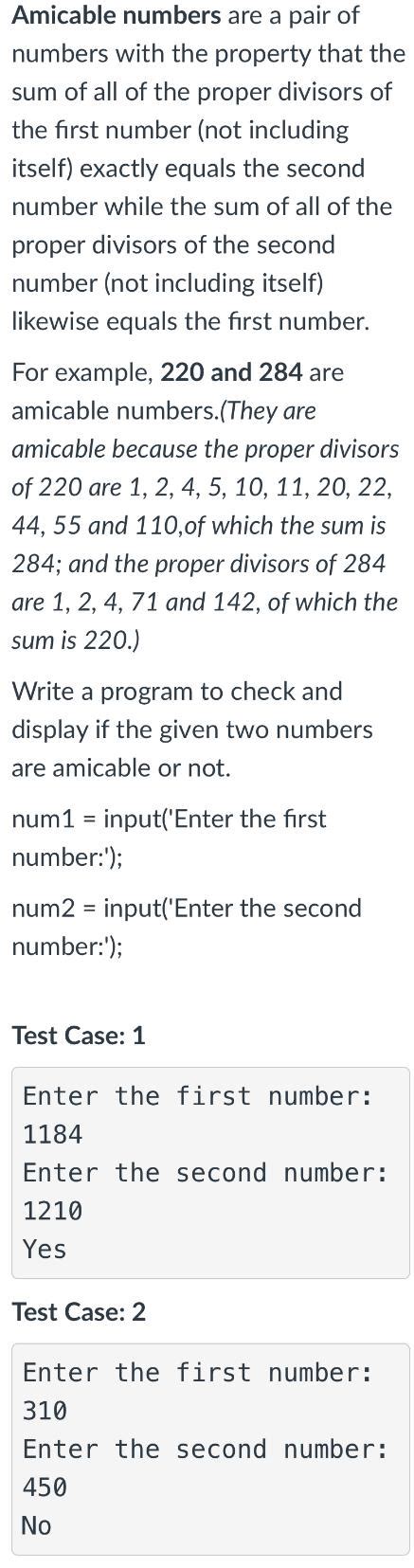 Solved Amicable Numbers Are A Pair Of Numbers With The