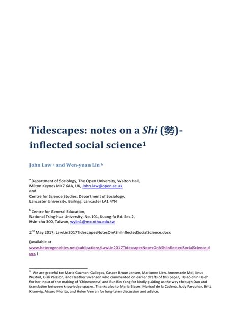 Tidescapes Notes On A Shi Inflected Social Science John Law And Wen