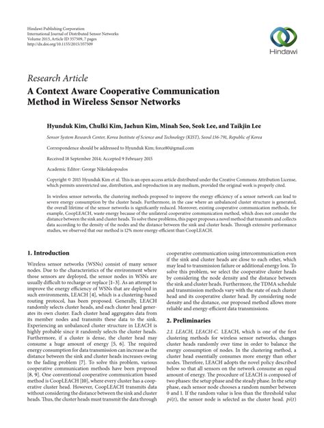 Pdf A Context Aware Cooperative Communication Method In Wireless Sensor Networks