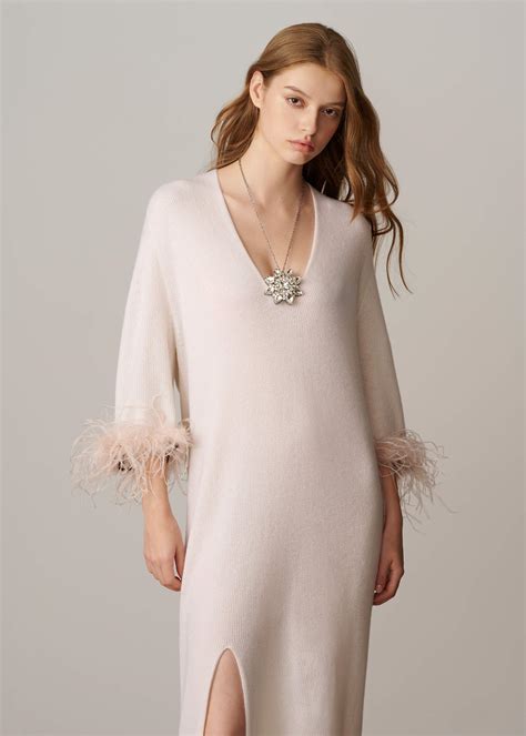 Grace Deep V Split Dress With Detachable Feather White Dcv Cashmere
