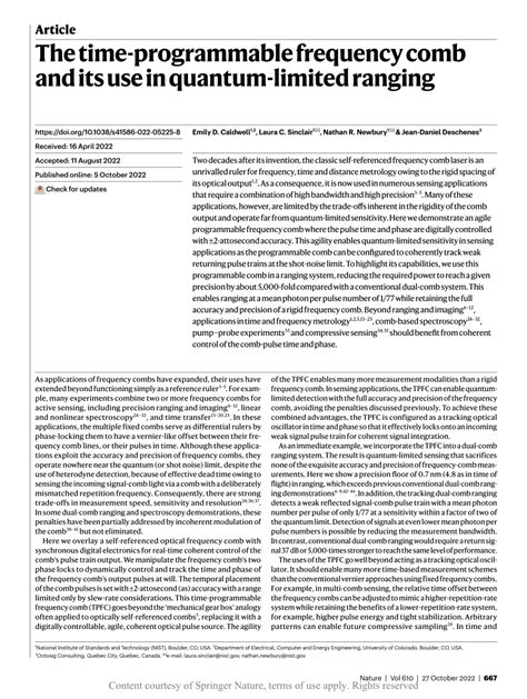 The Time Programmable Frequency Comb And Its Use In Quantum Limited Ranging Request Pdf