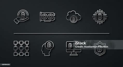 세트 라인 손 들고 비트 코인 블록 체인 기술 Cpu 마이닝 농장 모니터에서 비트 코인을 마이닝 생각 비디오 그래픽 카드 방패와 암호 화폐 클라우드 아이콘 벡터 Cpu에