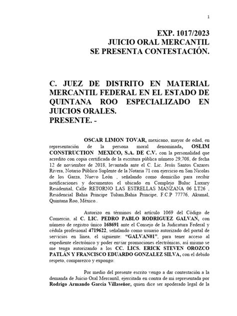 Contestacion De La Demanda Oral Mercantil Oslim Pdf Pagos Justicia