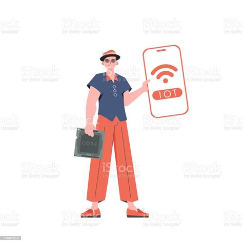 그 남자는 손에 Iot 로고가 새겨진 전화기를 들고 있습니다 사물 인터넷 개념 트렌디 한 평면 스타일의 벡터 일러스트레이션 5g