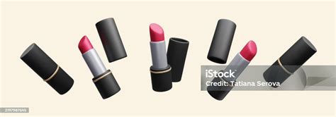 3d 립스틱 모션 벡터 일러스트 레이 션에 설정 럭셔리 메이크업 블랙 케이스 빨간 립스틱 다양한 모양의 사실적인 3d 아이콘 세트 우아한 아름다움 Skincare 입술 밤