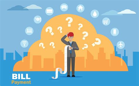 청구를 들고 있는 사업가는 그래픽 비용 아이콘으로 혼란과 물음표 표지판으로 답답했습니다 청구서 지불에 대한 재정적 문제에 대한