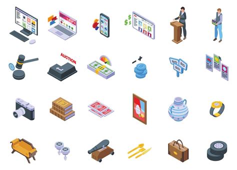 Online Auction Icons Set Isometric Vector House Bid 15107621 Vector