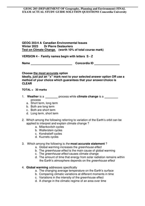 GEOG 203 DEPARTMENT OF Geography Planning And Environment FINAL EXAM ACTUAL STUDY GUIDE