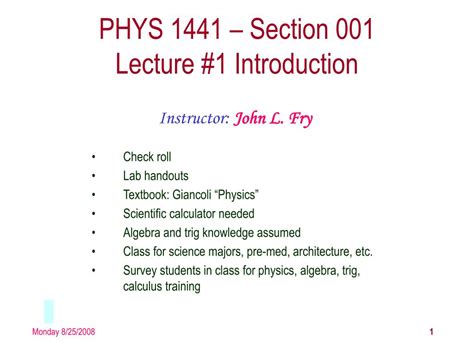 Ppt Phys 1441 Section 001 Lecture 1 Introduction Powerpoint